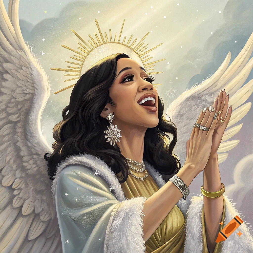 Illustration of Cardi B depicted as an angel, hands clasped, looking up at light. on Craiyon