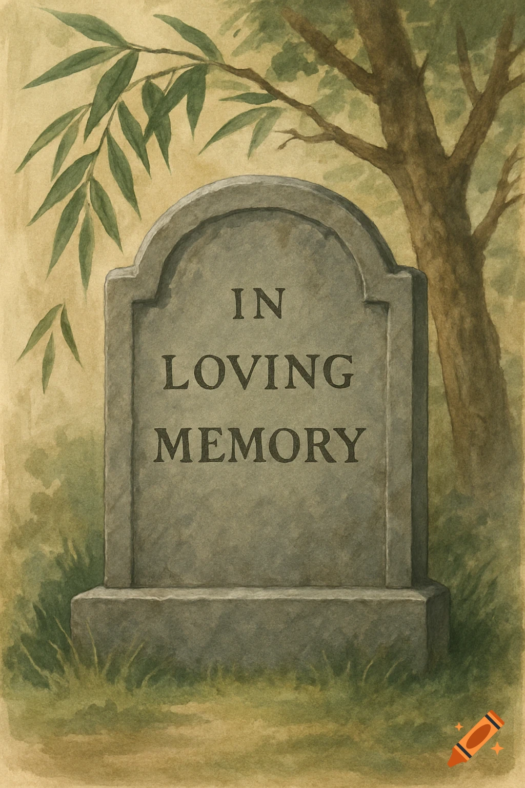A watercolor painting of a tombstone with 'IN LOVING MEMORY' inscribed ...