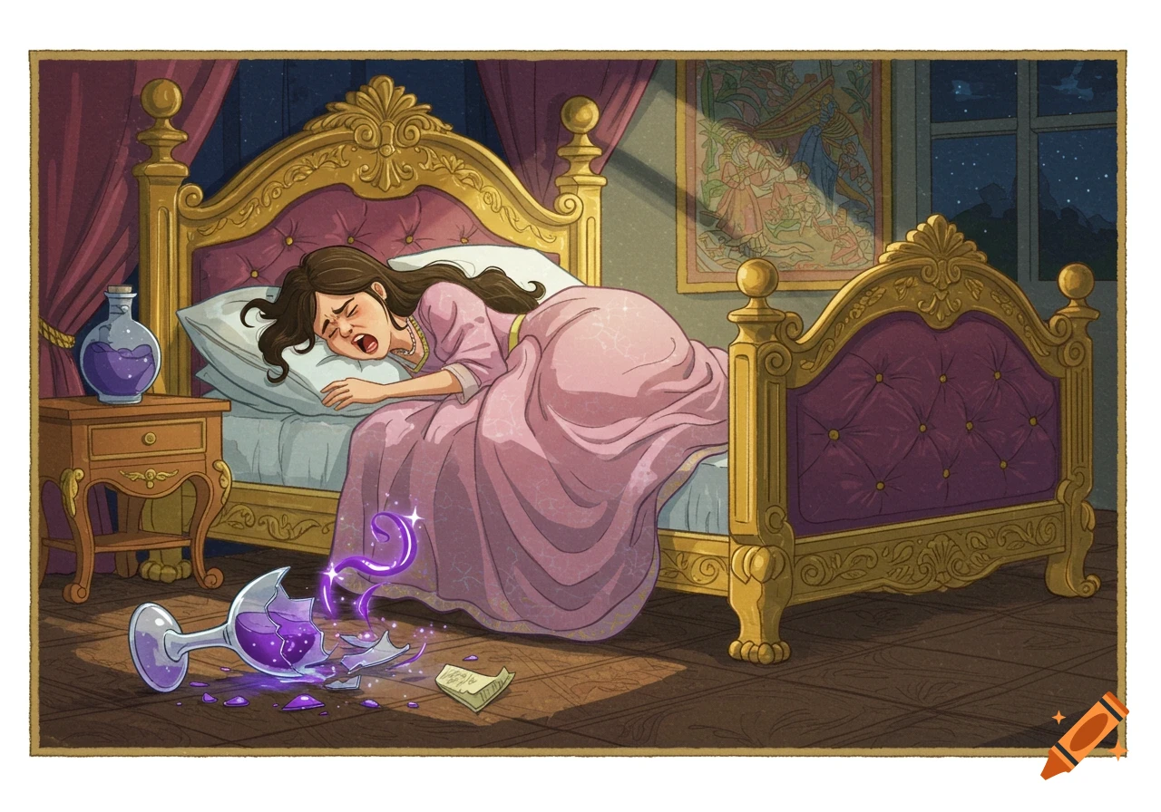 Illustration of a princess sleeping dramatically on a royal bed with a ...
