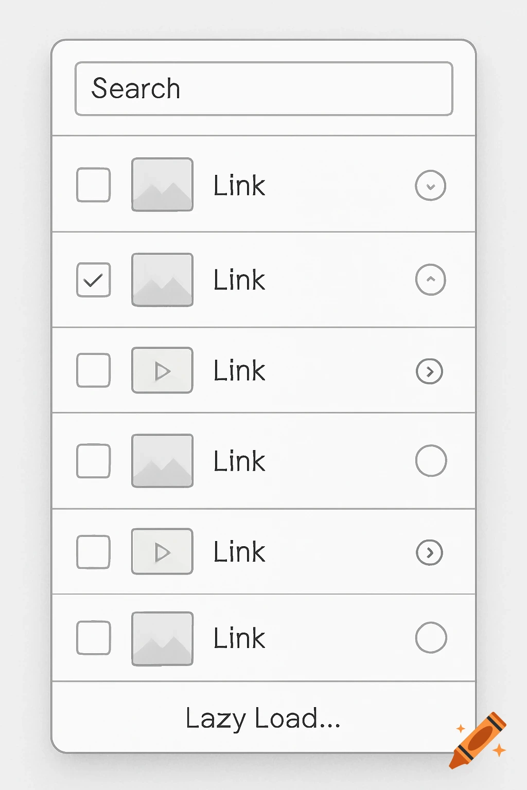 A UI wireframe showing a dropdown menu with a search box, list items ...