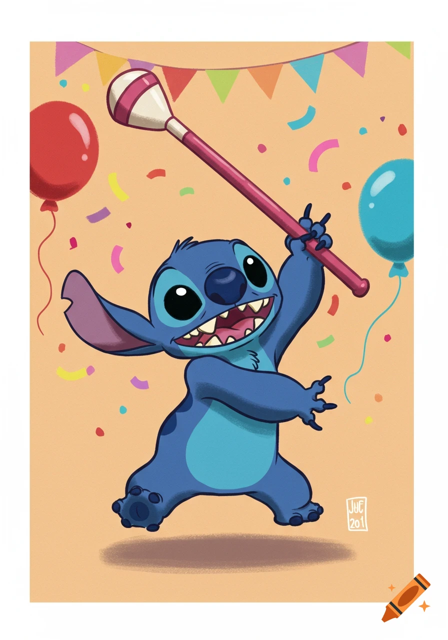 Cartoon illustration of Stitch holding a majorette baton among balloons ...
