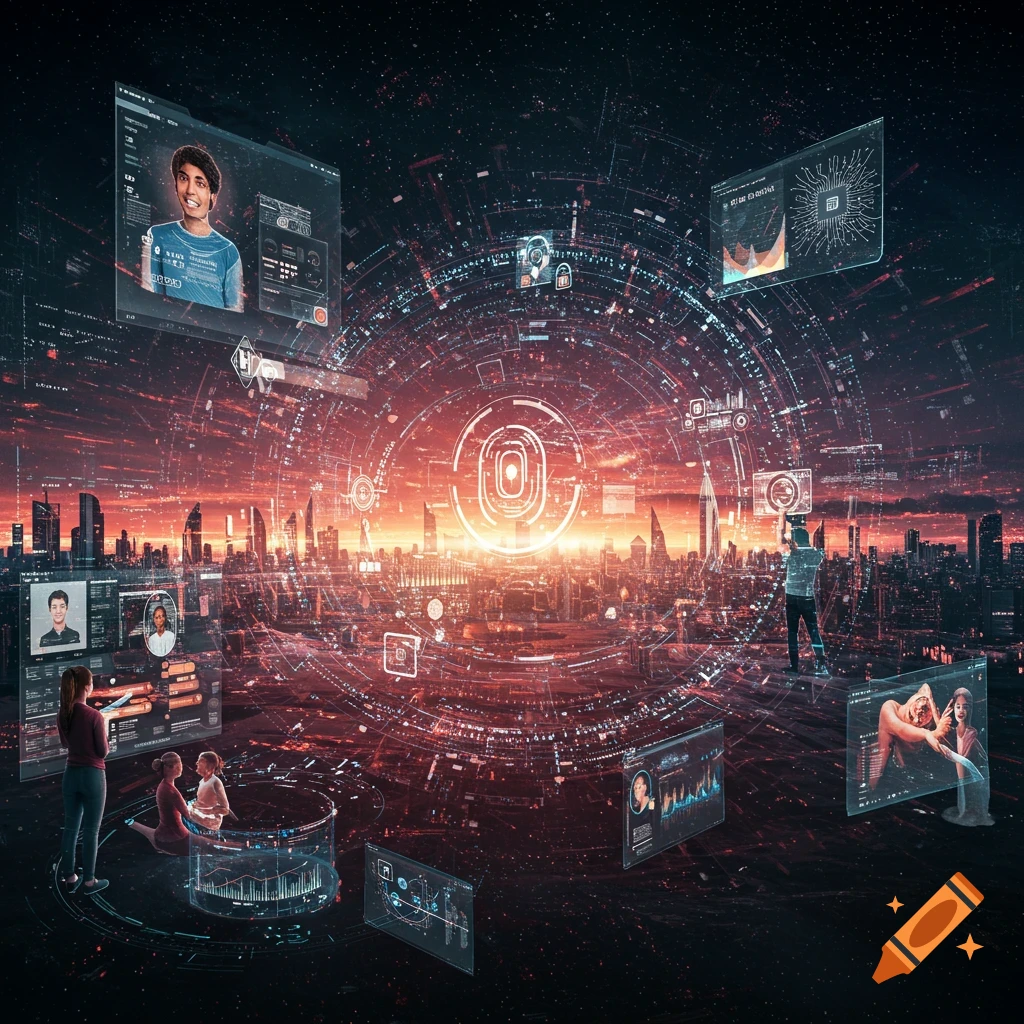 Futuristic city panorama with holographic screens displaying data, interfaces, and people. on ...