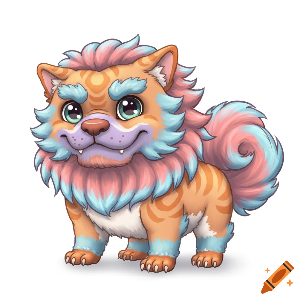 Cute illustration of an Okinawan Shisa creature with colorful fur and ...