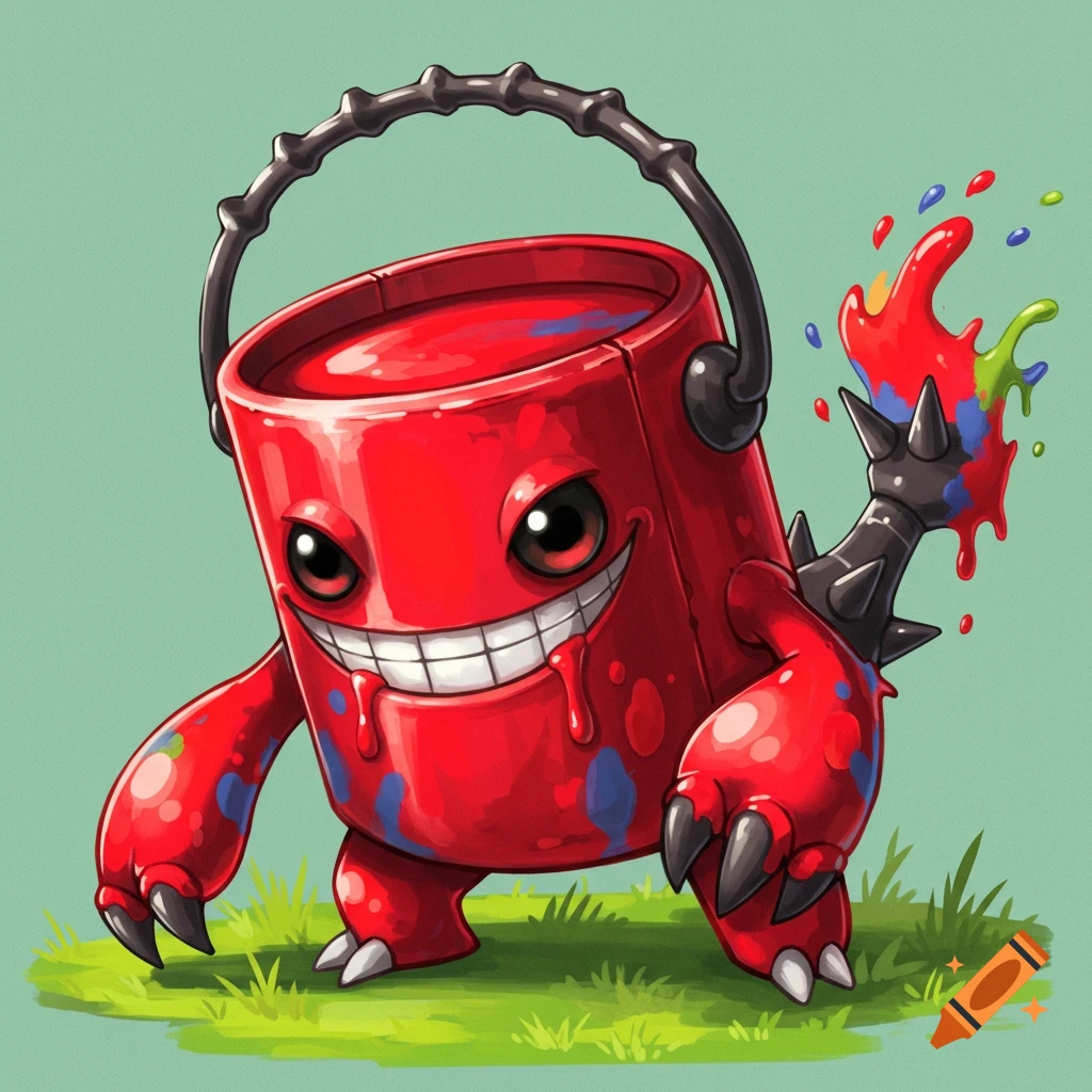 Cartoon red paint bucket monster with sharp teeth and claws standing in ...
