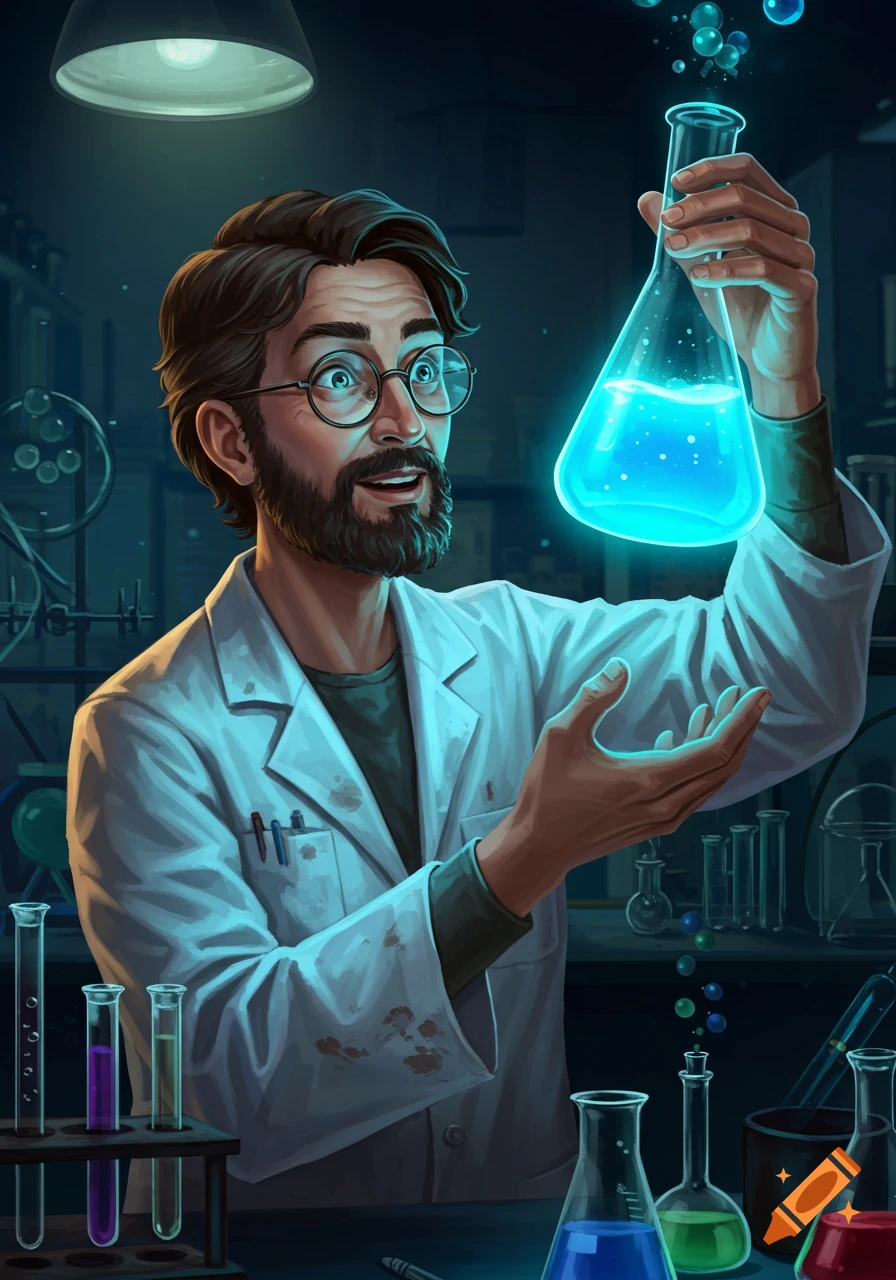 Scientist holding a glowing blue flask in a dark laboratory. on Craiyon