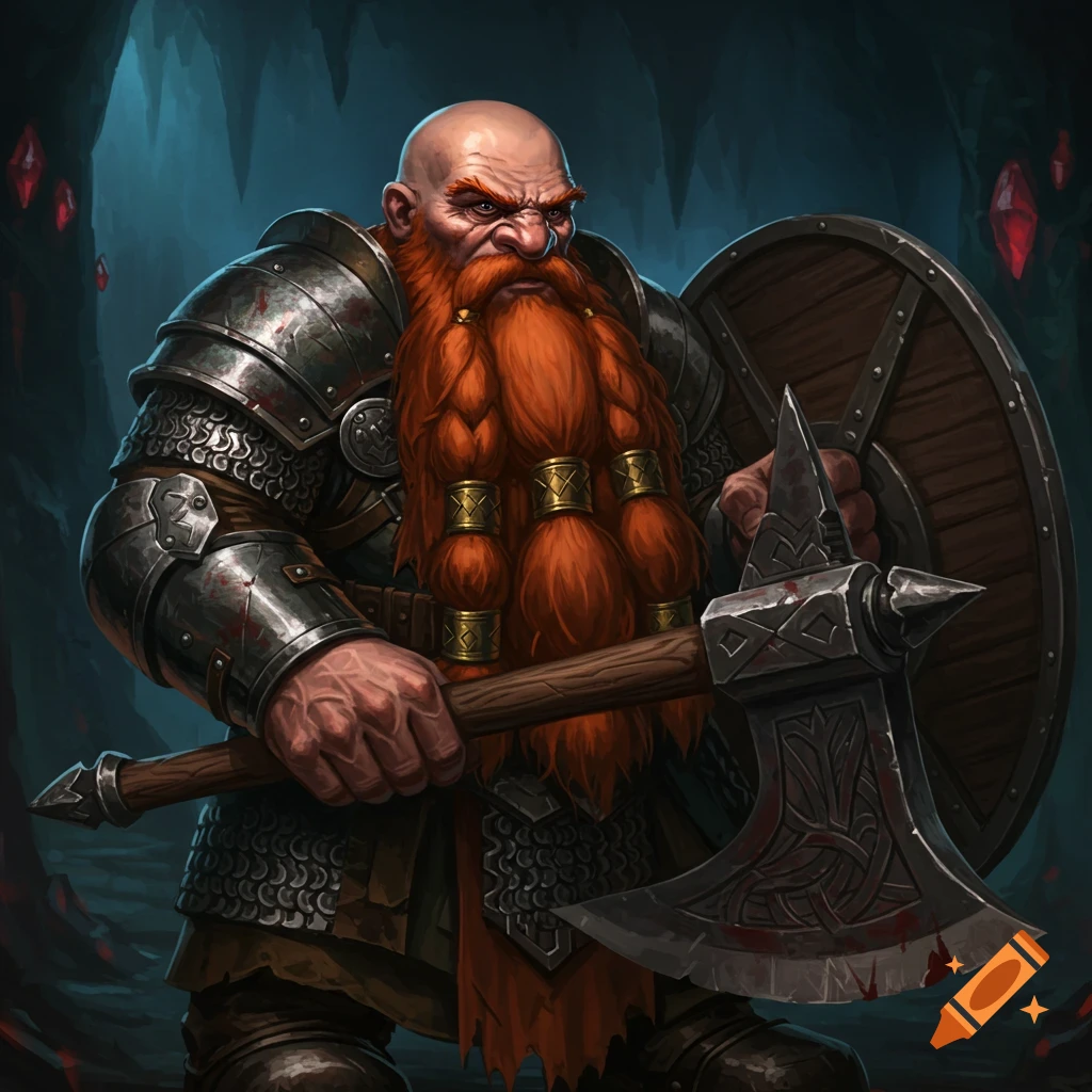 Bald dwarf warrior with long red beard, axe, and shield in a cave on ...