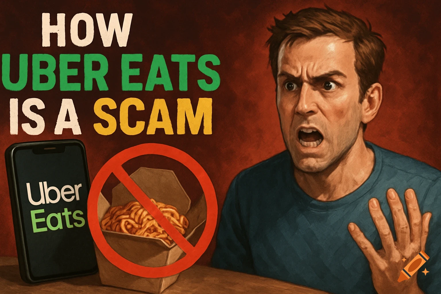 Illustrative thumbnail of a man reacting to 'Uber Eats Is A Scam' text ...