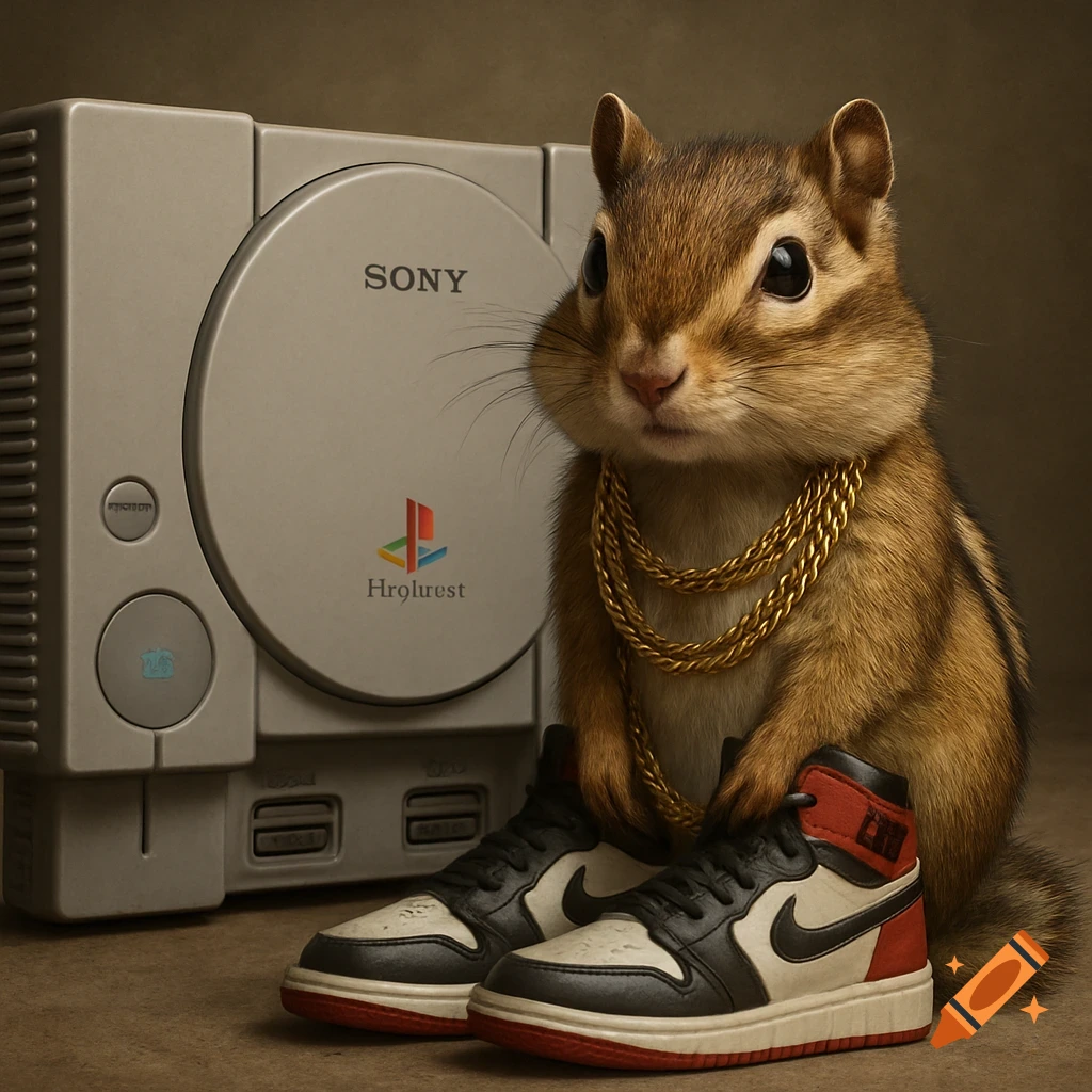 A realistic chipmunk wearing gold chains and sneakers next to a PlayStation console. on Craiyon
