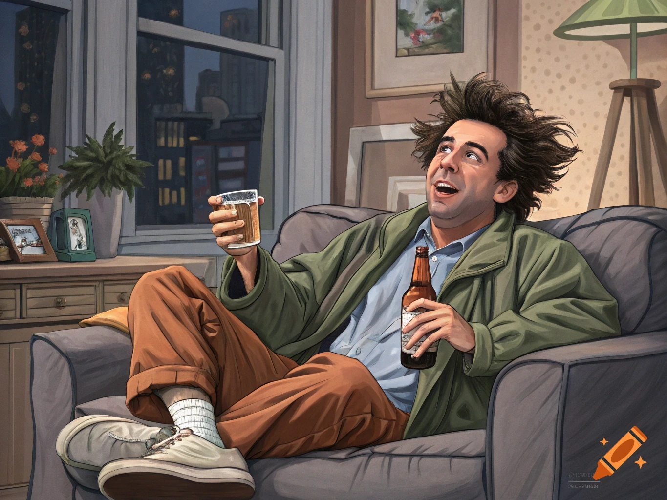 Illustration of Kramer from Seinfeld sitting on a couch with a glass ...