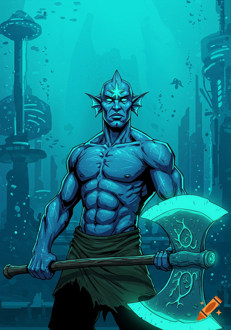 Blue humanoid fantasy creature with fins and star on forehead holding a ...