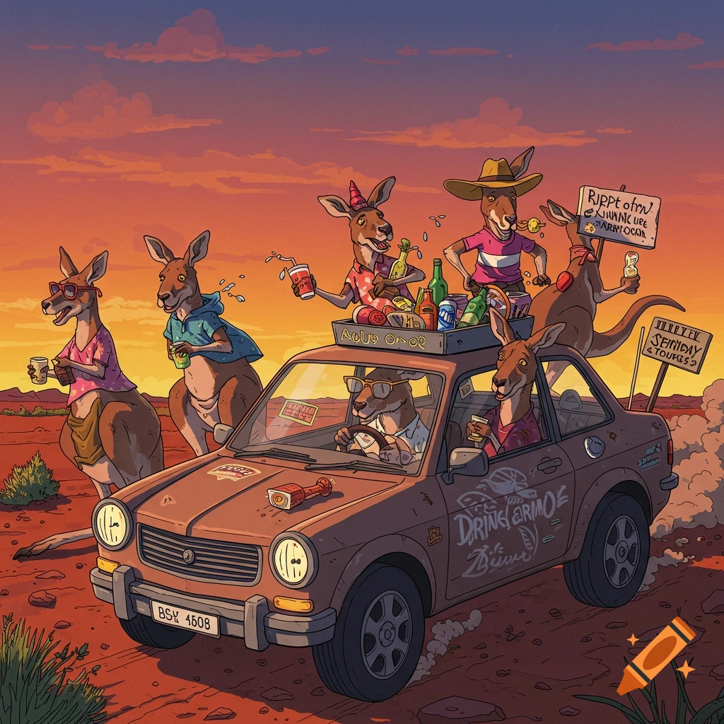Cartoon kangaroos drive through the outback drinking and holding signs ...