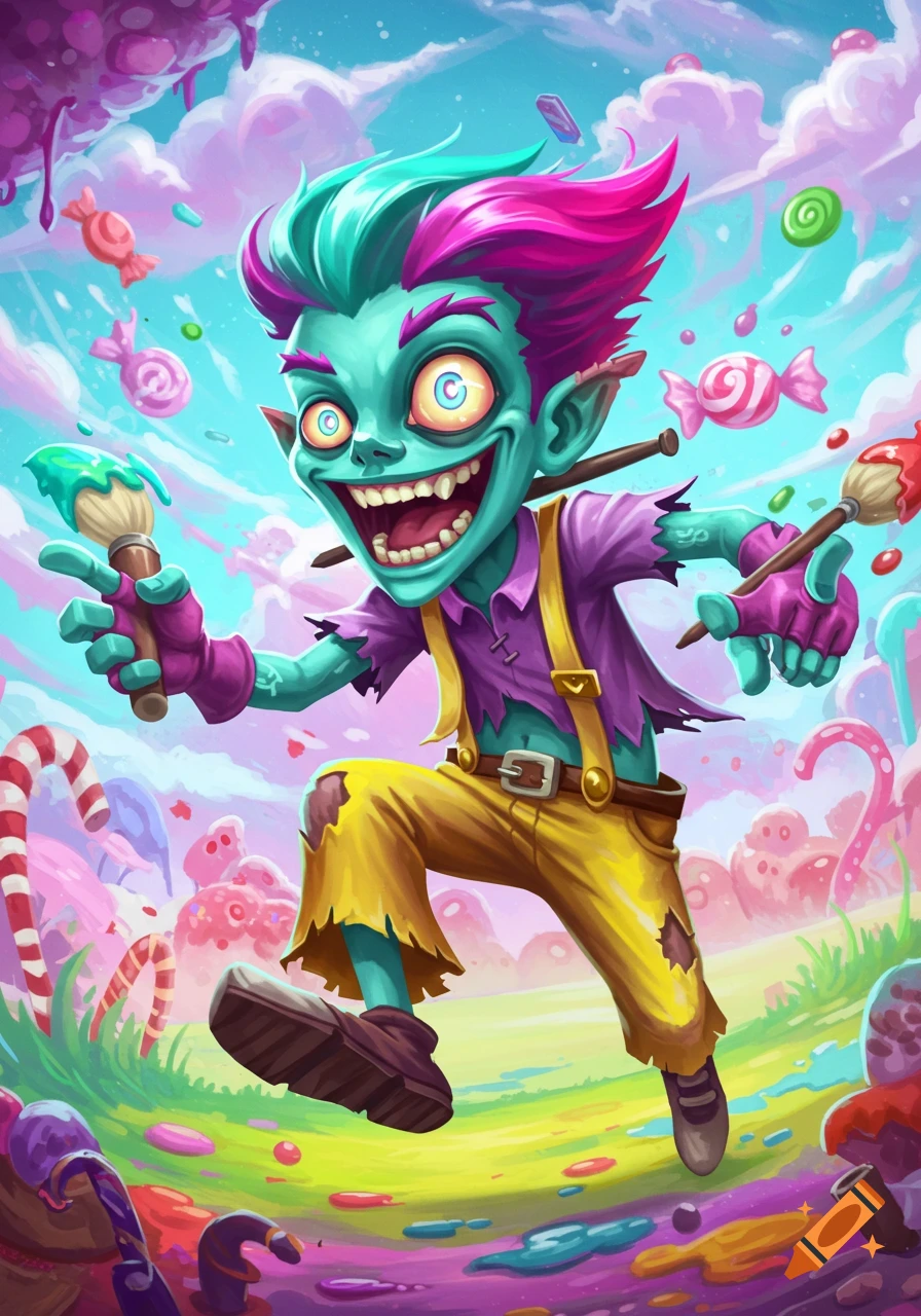 A zesty cartoon creature runs through a candy land with paintbrushes ...