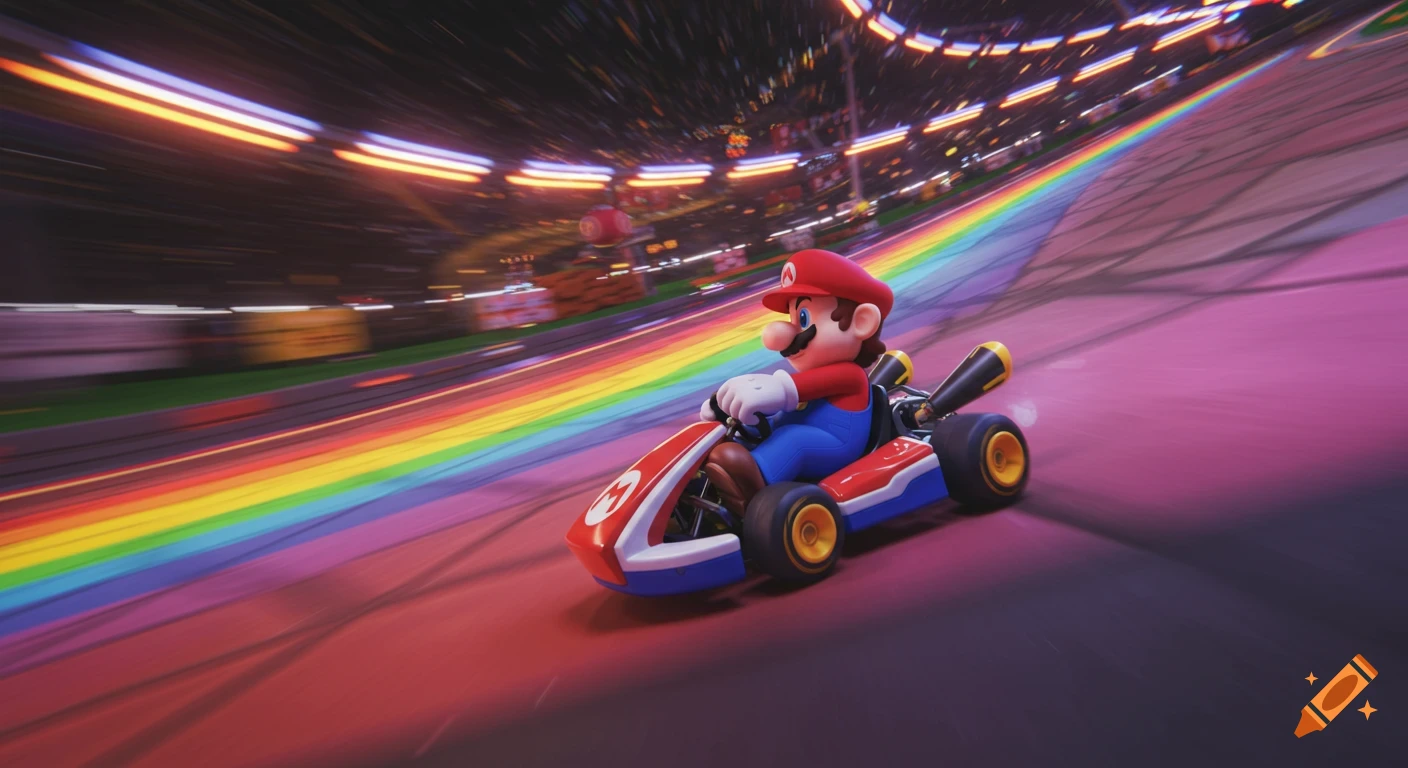 Mario racing in a go-kart on a rainbow track with motion blur. on Craiyon
