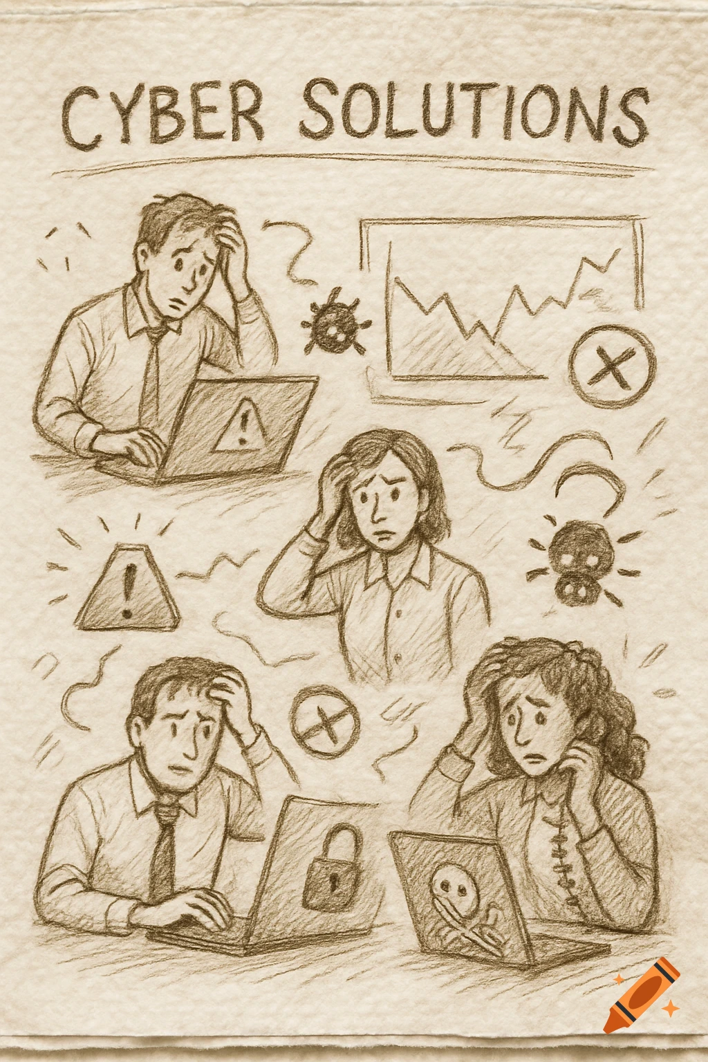 Sketch illustration of worried business people dealing with cyber ...