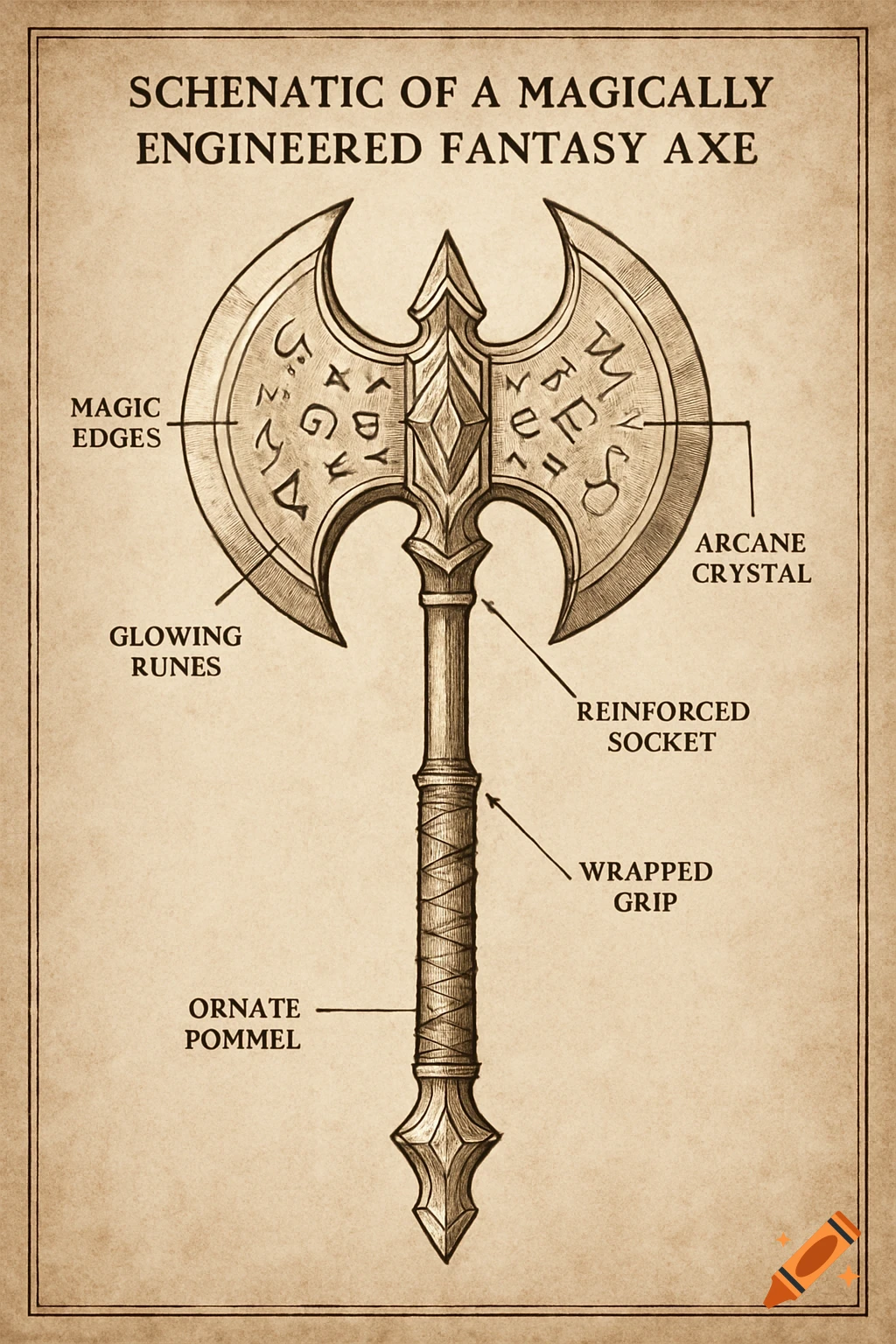 A schematic drawing of a fantasy axe with labels indicating parts like glowing runes, magic ...