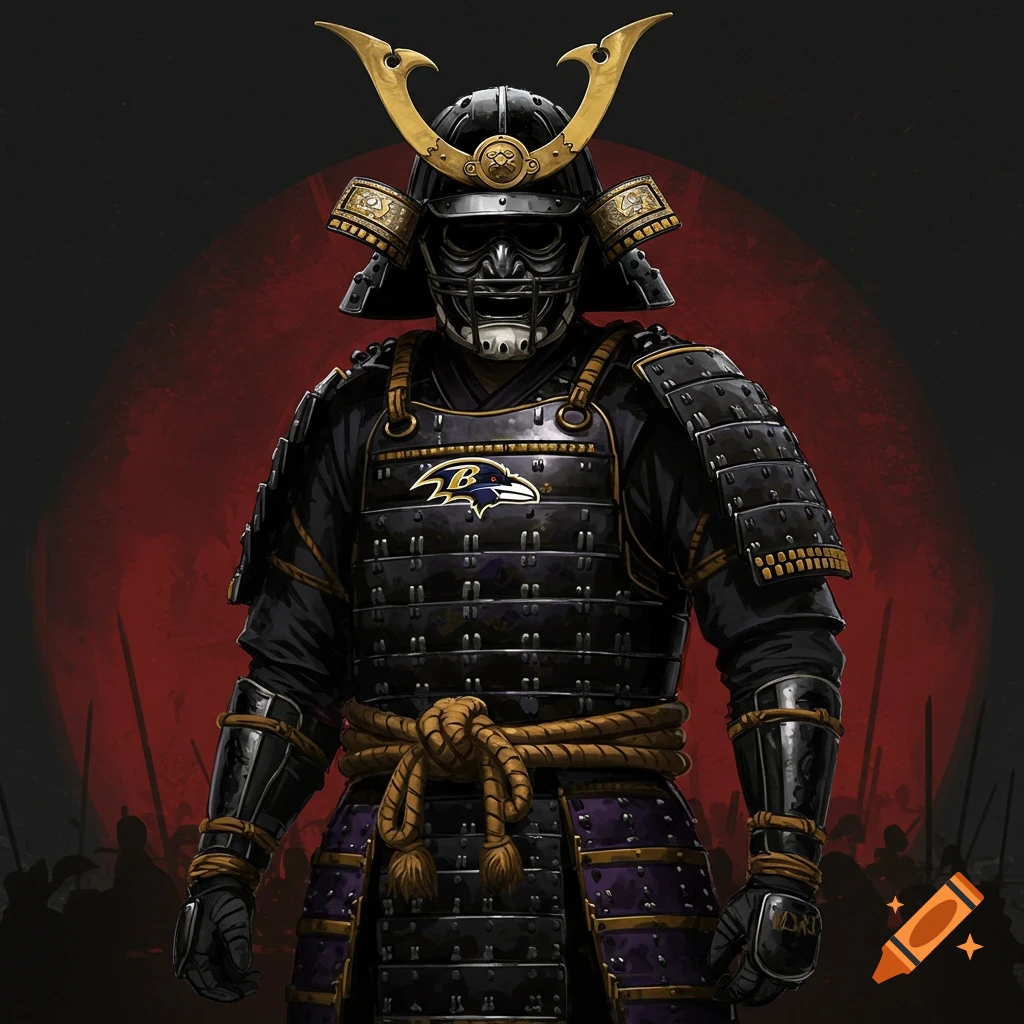 Person wearing Baltimore Ravens themed samurai armor with a football ...