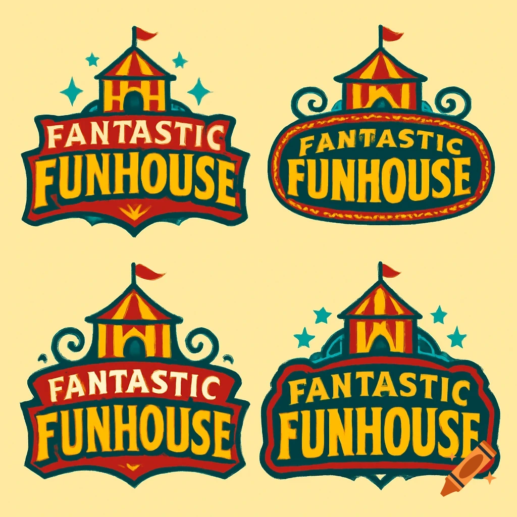 Four vintage-style logos for Fantastic Funhouse theme park, featuring ...
