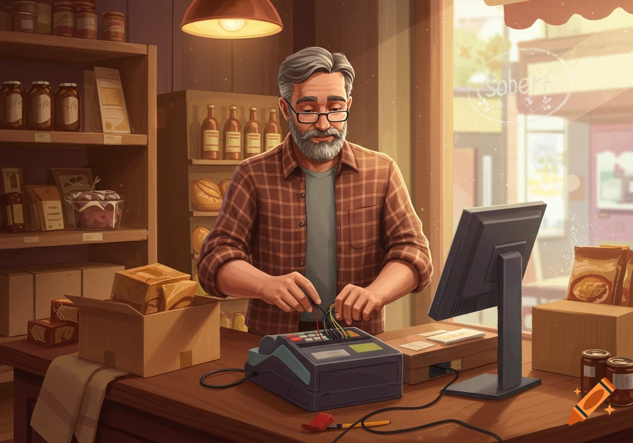 Illustration of a man installing a till machine on a counter in a shop ...