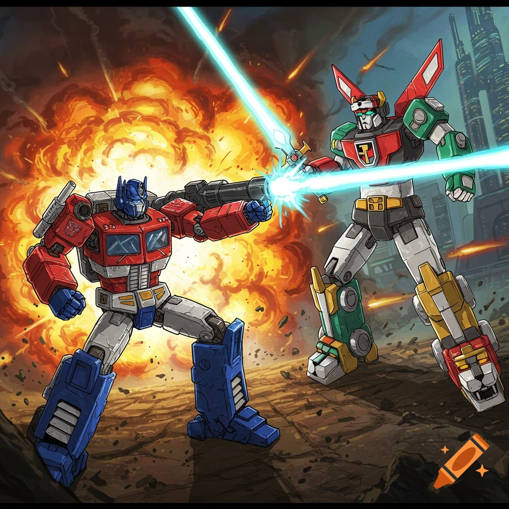 Optimus Prime battles Voltron with energy blasts and swords in an ...