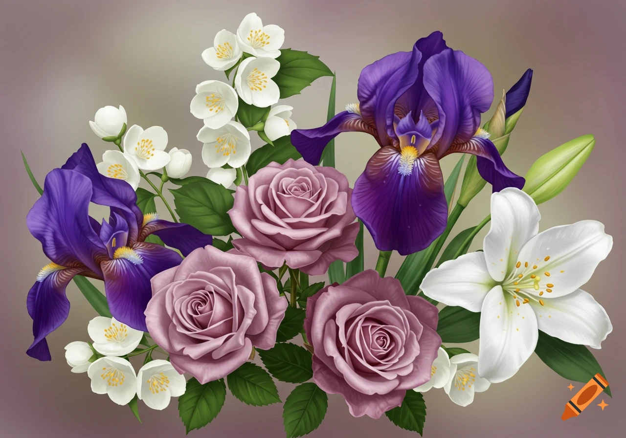 An arrangement of purple irises, mauve roses, white jasmine, and white ...
