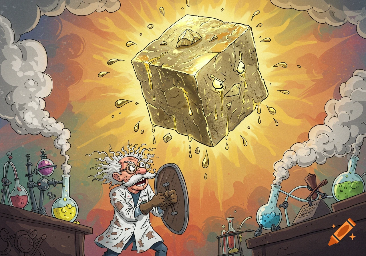 A cartoon mad scientist defends against a giant sentient gold cube dripping liquid in a lab. on ...