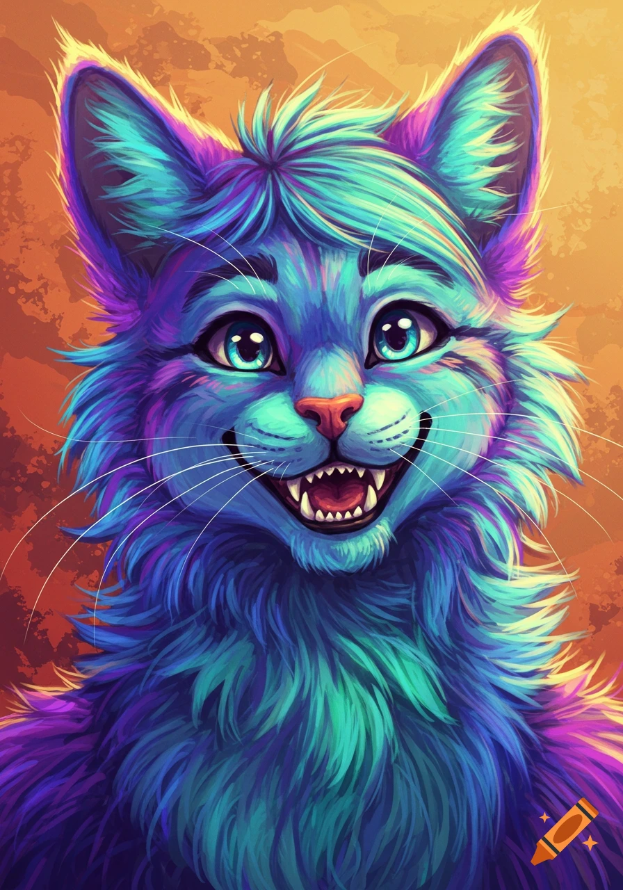 Colorful, smiling furry cat portrait on Craiyon