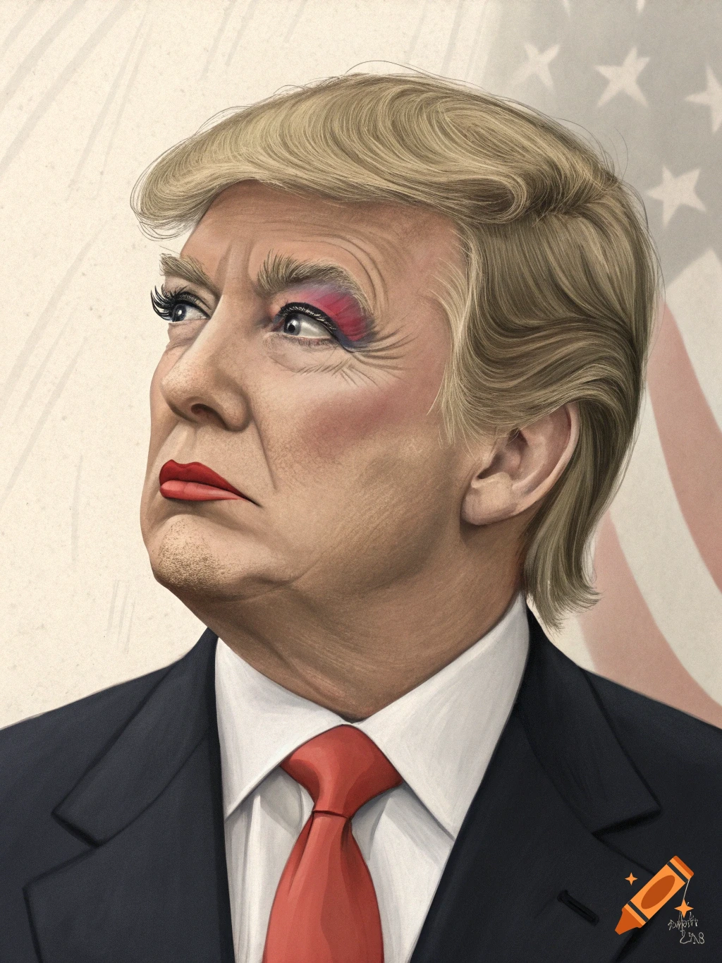 Stylized portrait of Donald Trump wearing exaggerated makeup. on Craiyon
