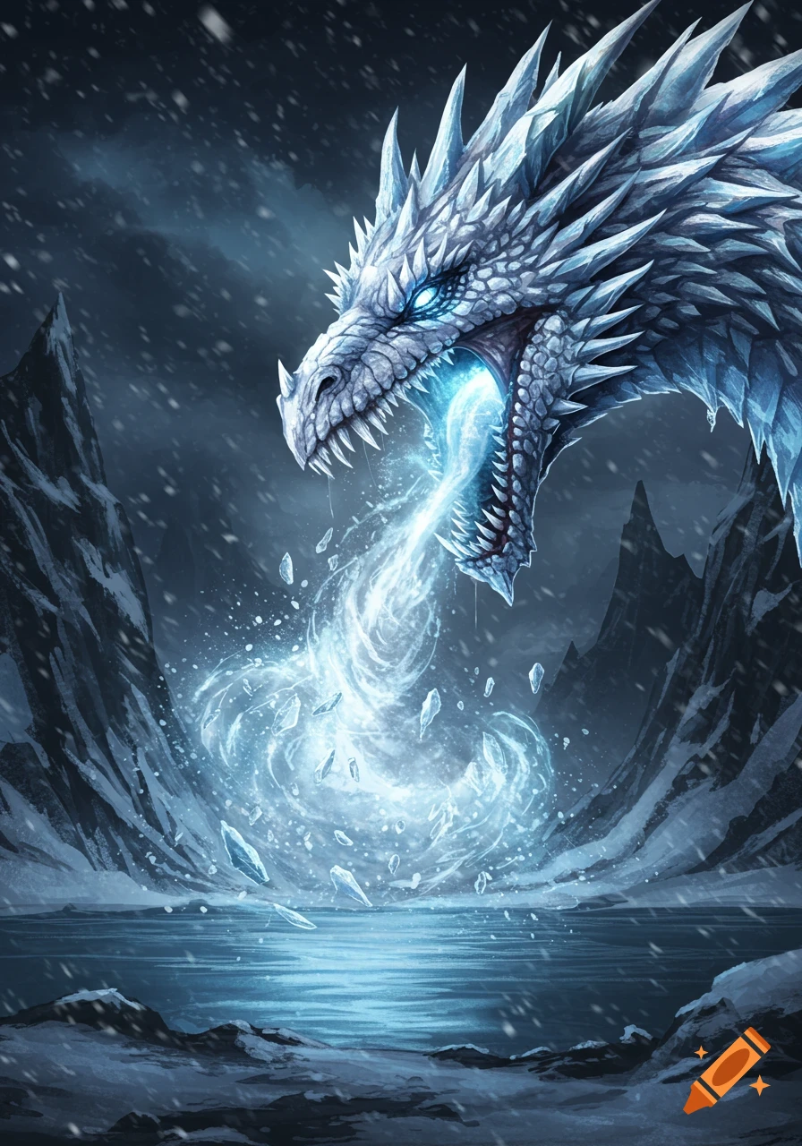 Ice dragon breathing ice in a snowy mountain landscape. on Craiyon