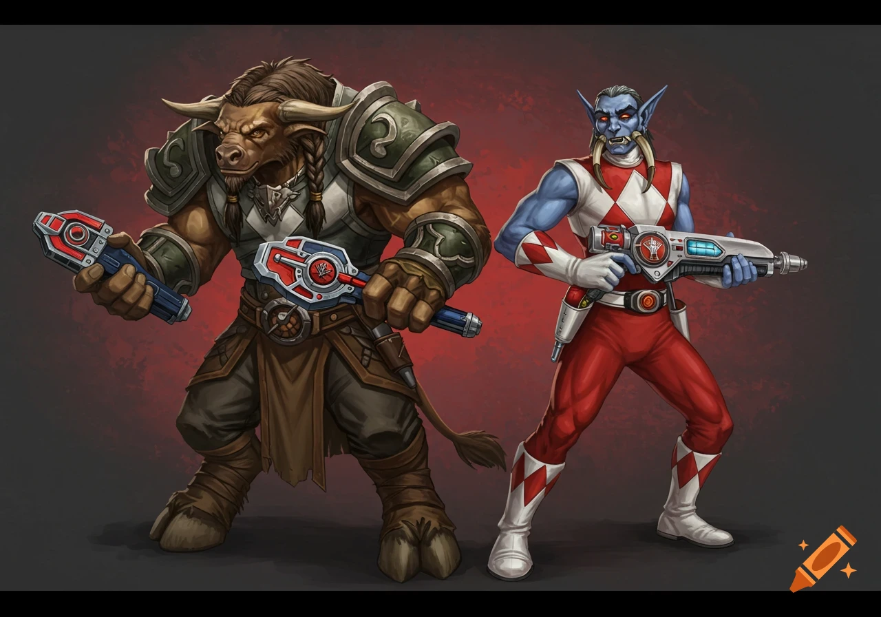 A Tauren and a Troll character in Power Ranger suits hold blasters on ...