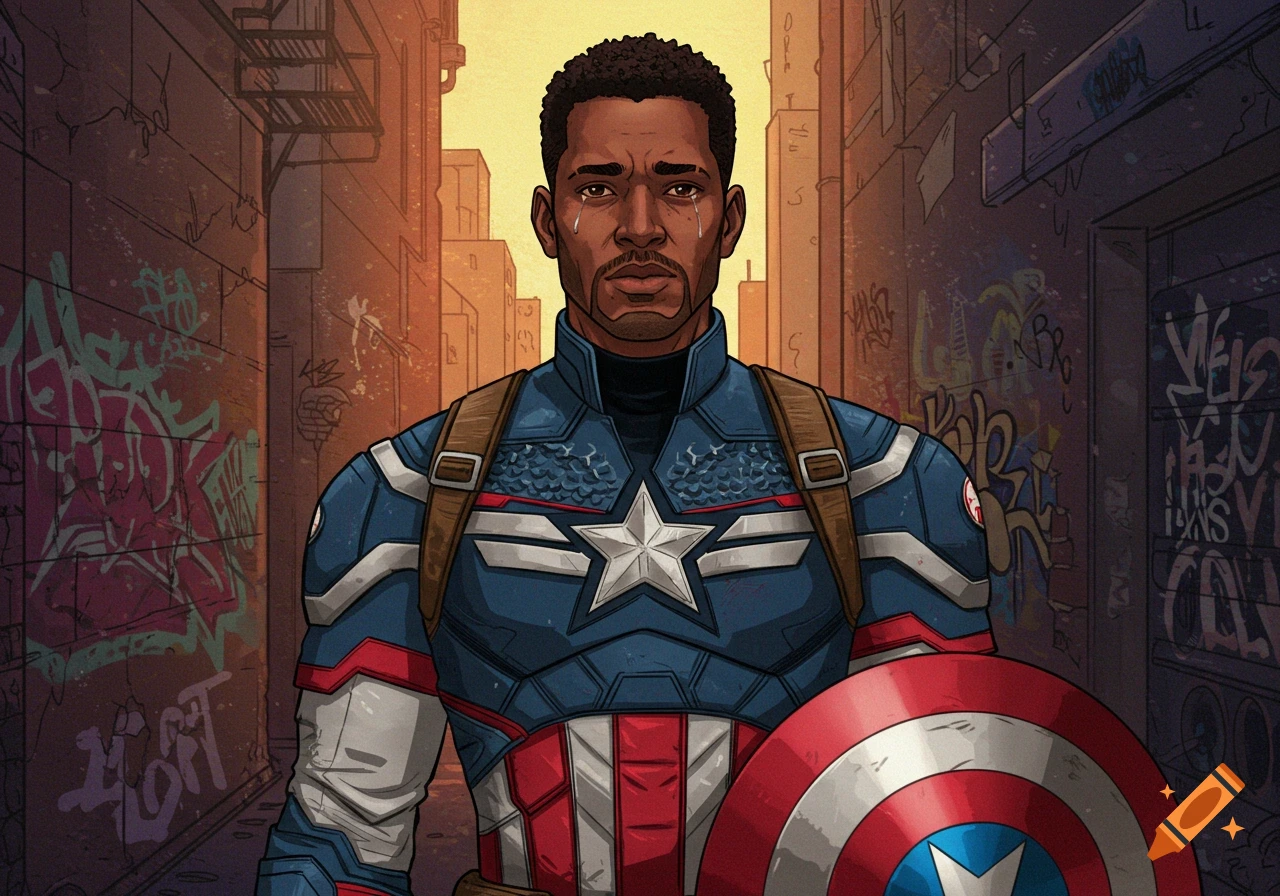 Illustration of a crying man in a Captain America suit standing in a ...