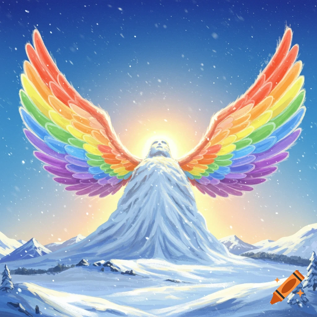 Giant snow sculpture with rainbow wings on a snowy mountain peak on Craiyon
