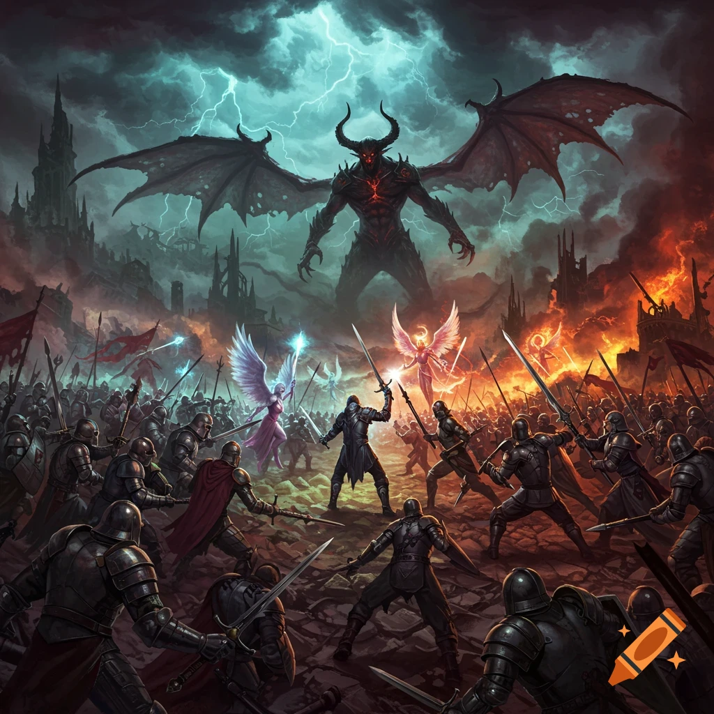 A large winged demon overlooks a fantasy battle between knights, angels ...