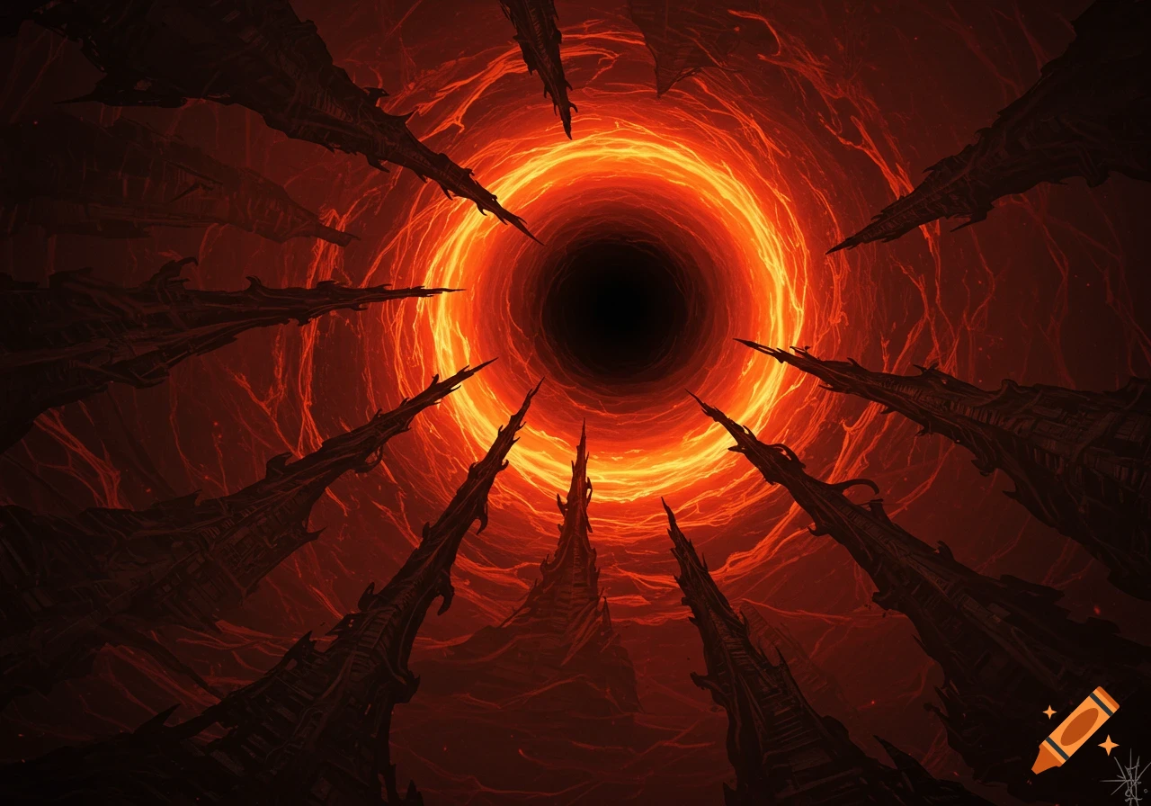 A dark fantasy image of spires surrounding a fiery orange and red cosmic black hole vortex. on ...
