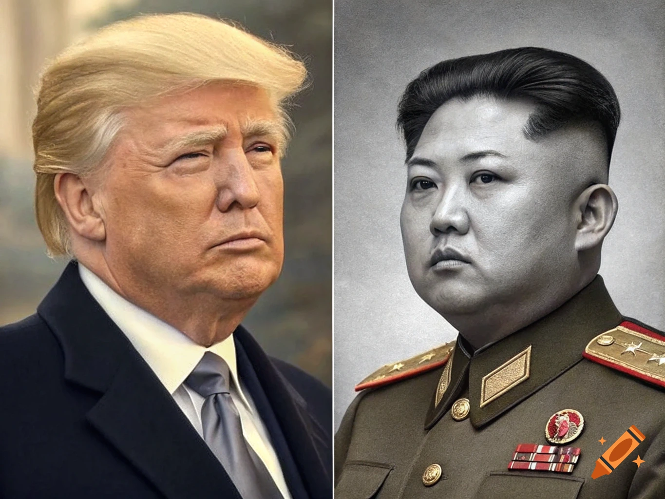 Split photorealistic portrait of Donald Trump and Kim Jong-un looking ...