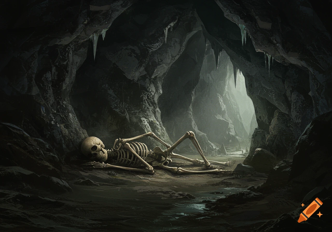 A detailed, realistic image of a skeleton lying on the ground inside a ...