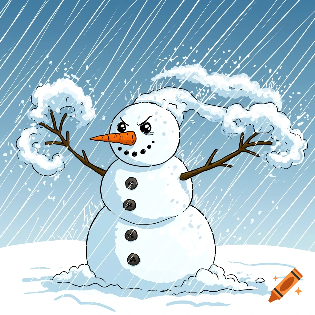 Cartoon drawing of an angry snowman in a blizzard. on Craiyon