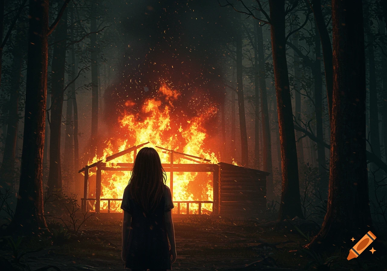 A girl stands with her back to the viewer, watching a building burn in ...