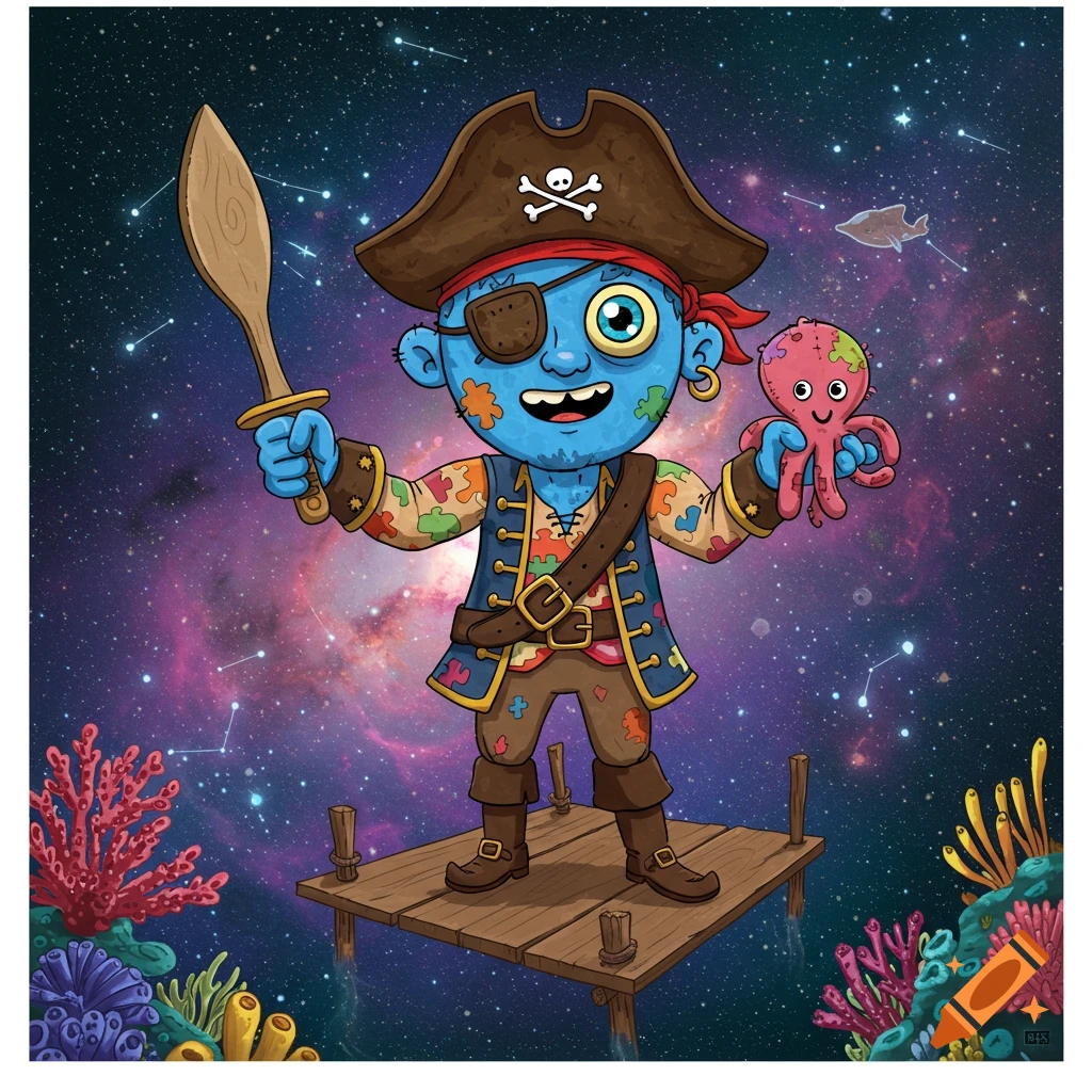 Cartoon blue pirate with puzzle piece patches holds an octopus in space ...