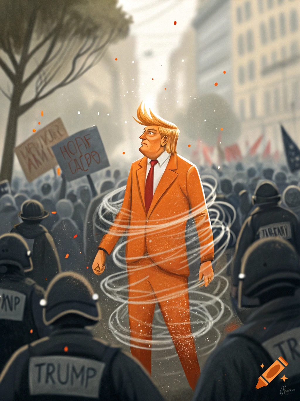 Cartoon illustration of Donald Trump in an orange suit surrounded by a ...