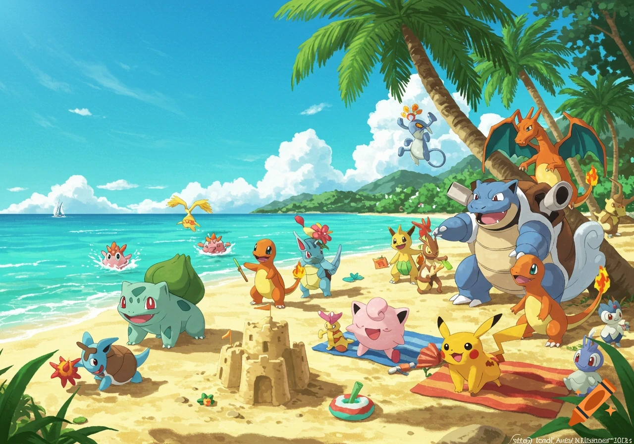 Various Pokemon characters play on a sunny beach, building a sandcastle ...