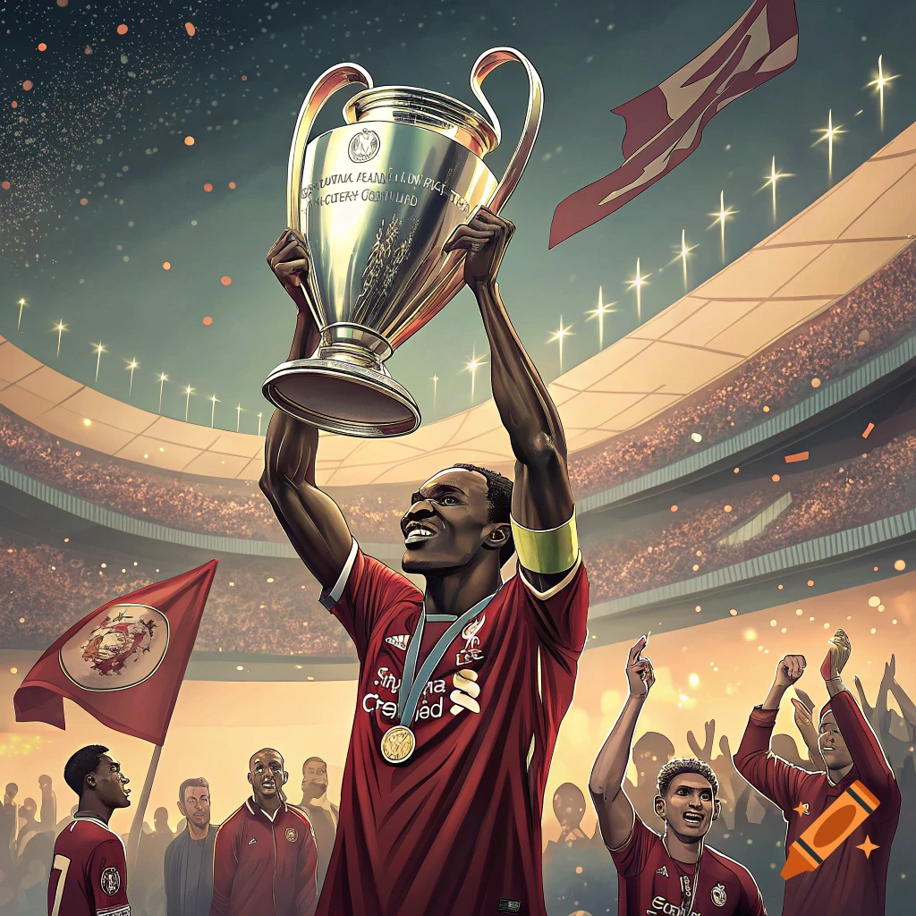 Illustrative image of a football player holding a trophy aloft in a ...