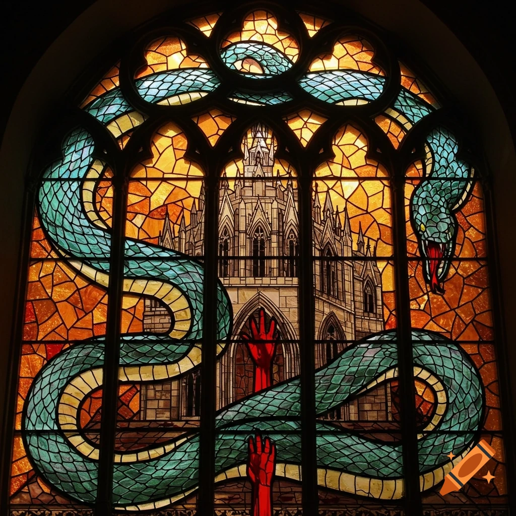 Stained glass window depicting a large snake coiled around a gothic ...