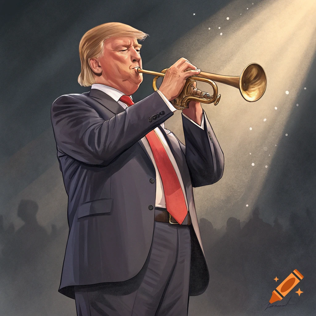 Stylized illustration of Donald Trump playing a trumpet under a ...