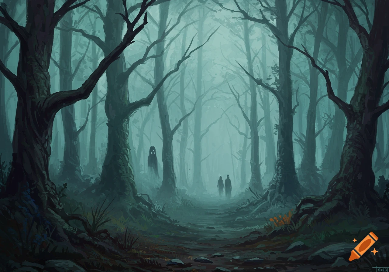 Spooky foggy forest path with a ghost and two figures. on Craiyon