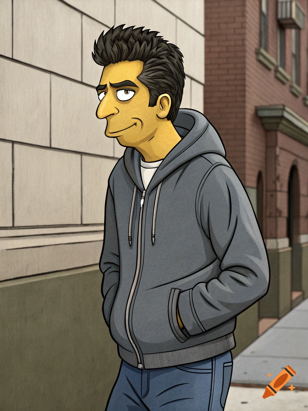 A cartoon man in the style of The Simpsons wearing a grey hoodie and ...