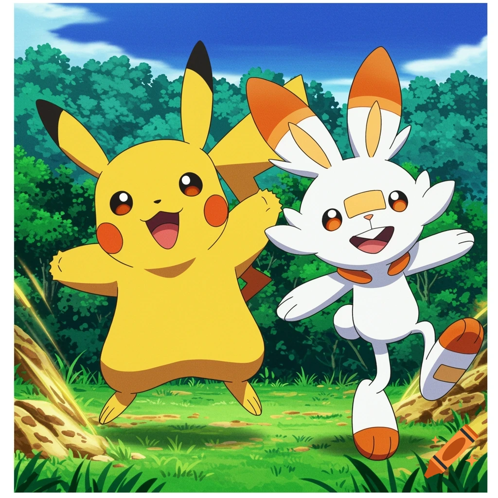 Pikachu and Scorbunny smiling and jumping outdoors in an anime style on ...