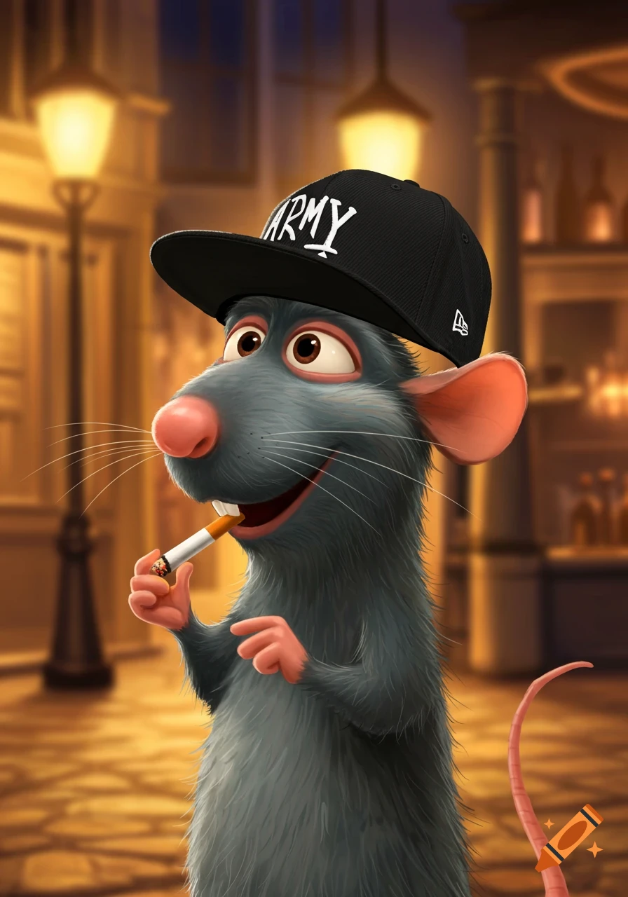 Cartoon rat wearing a black snapback hat and smoking a cigarette on Craiyon