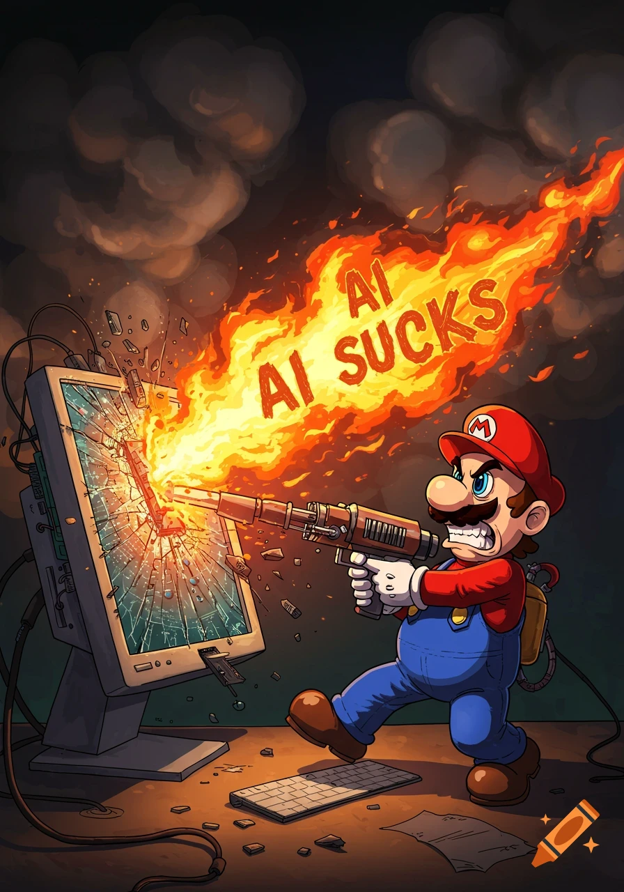 Cartoon Mario uses a flamethrower that says 'AI SUCKS' to destroy a ...