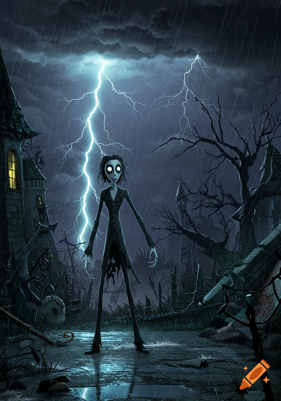 Tim Burton-style gothic character stands in a storm with lightning and ...