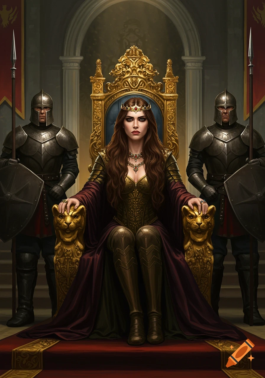 Photorealistic fantasy illustration of a queen sitting on a golden ...